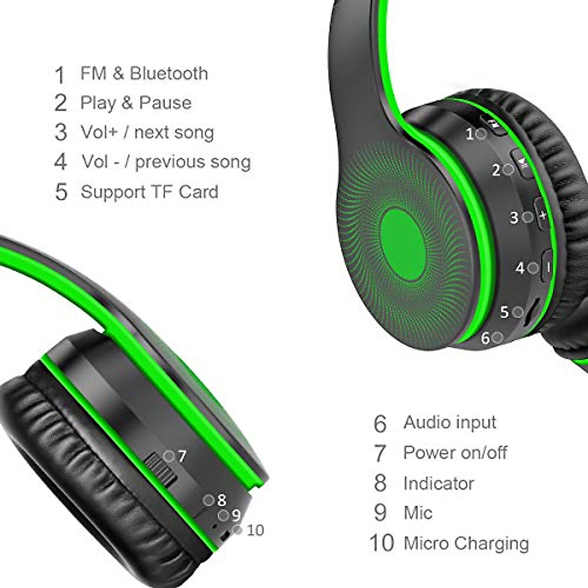 LOBKIN Bluetooth Foldable Headband Microphone &Audio Cable,Hi-Fi Stereo Wireless Headset,Noice Cancelling Soft Earmuffs,TF Card MP3,FM Radios Headphones for Online Class/iPhone/iPad/PC (Green)