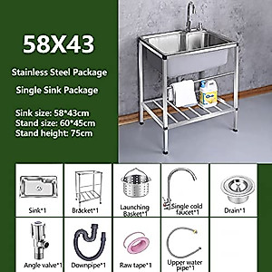 Stainless Steel Outdoor Single Bowl Station Utility Sink,Commercial Restaurant Sink,Drainer Kitchen Restaurant Storage Shelf,for Kitchen Bathroom Restaurant Farmhouse Laundry. ( Color : Cold alone , S