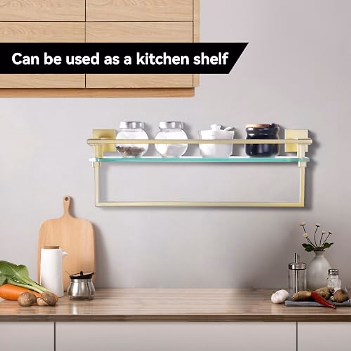 LANC Bathroom Shelves with Towel Bar 20 Inch Gold Floating Tempered Glass Shelf with Towel Rails for Shower Bath Kitchen Storage Rack Wall Mounted Rustproof Stainless Steel Brushed Gold，A7615BG