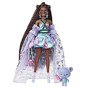 Barbie Extra Fancy Fashion Doll & Accessories Dressed in a Teddy-Print Gown with Sheer Train, Plus Teddy Bear Pet