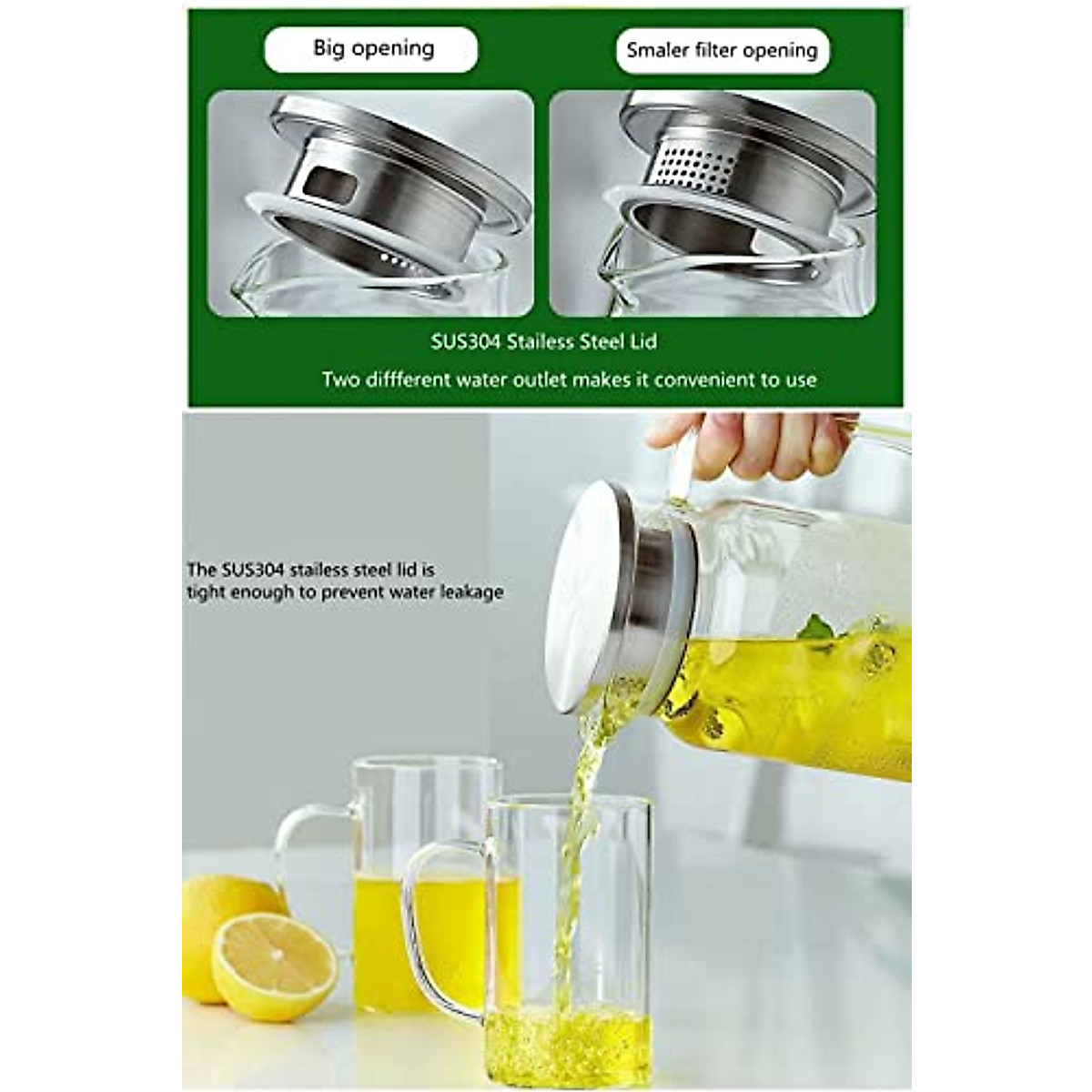 Glass Pitcher with Lid, 34 Oz Heat Resistant Glass Water Carafe with Handle for Fridge, Small Pitcher for Iced Tea, Milk, Hot and Cold Beverage, Glass Juice Jug 1000ML/34oz