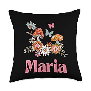 Maria Name for Women and Girls Cottagecore Cute Maria Personalized Name Groovy Cottagecore Mushrooms Retro Throw Pillow, 18x18, Multicolor