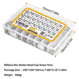VIGRUE 900Pcs Screws Bolts Nuts Washers Hardware Assortment Kit,Metric M3 M4 M 5 Hex Button Socket Head Cap Screws Nuts Assortment Set Kit