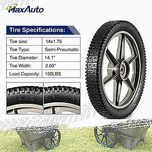 MaxAuto 14 x 1.75" Spoked Plastic Wheel with Tire, Black,2 Pack, 1.75" Offset Hub Length,1/2" inside Bearing