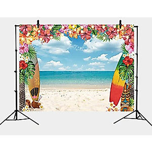 Summer Hawaii Beach Backdrop 7x5FT Aloha Tropical Palm Flower Blue Sky Ocean Surfboard Hawaiian Photography Background Baby Shower Birthday Party Decor Luau Photoshoot Tiki Photo Booth Props