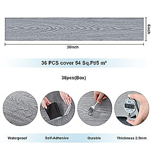 Peel and Stick Floor Tile, 36PCS 54 Sq.Ft Vinyl Flooring, Rigid Wood Surface Waterproof Hard Core, Self-Adhesive for Bedroom Bathroom Kitchen DIY Installation (36" x 6", Dark Grey)