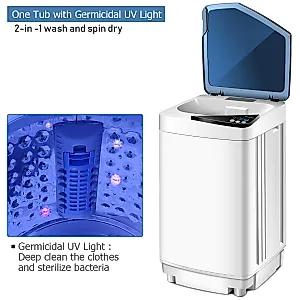 Giantex Full-Automatic Washing Machine Portable Washer and Spin Dryer 7.7 lbs Capacity Compact Laundry Washer with Built-in Barrel Light Drain Pump and Long Hose for Apartments Camping (White & Blue)