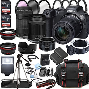 Canon EOS R7 Mirrorless Digital Camera with RF-S 18-150mm f/3.5-6.3 is STM Lens + 75-300mm F/4-5.6 III Lens + 50mm f/1.8 STM Lens + 128GB Memory + Case + Tripod + Filters (43pc Bundle) (Renewed)
