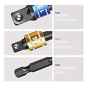 Impact Grade Socket Wrench Adapter Extension Set Turns Power Drill Into High Speed Nut Driver,Hex Shank Bit Square Power Drill Cordless Impact Sockets Bit Set,Sizes 1/4" 3/8" 1/2",Cr-V,Black,3-Piece