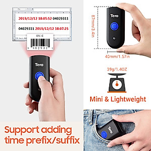 Tera Wireless Barcode Scanner 1D Laser Mini Pocket Waterproof Scanner 3in1 Compatible with Bluetooth USB Wired Portable Bar Code Reader for Supermarket Logistics Work with iOS Windows Android, 1100L
