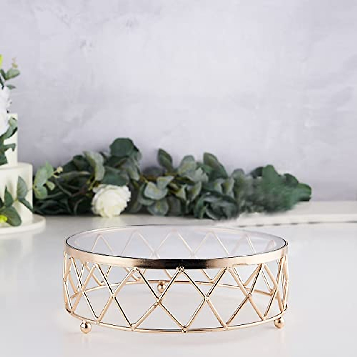 Efavormart 14" Round Metal Geometric Cake Stand Cake Riser with Glass Top Glossy Metallic Finish for Dessert Cupcake Pastry Candy Display Plate Event, Birthday Party