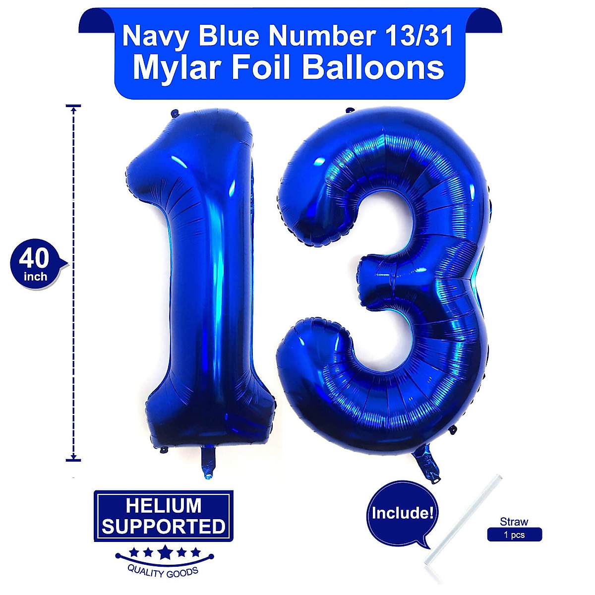 40 Inch Navy Blue 13 Number Balloons Giant Jumbo Huge 13 or 31 Foil Mylar Helium Number Digital Balloons Dark Blue Birthday Mylar Digital Balloons 13th 31st Birthday Party Decorations Supplies