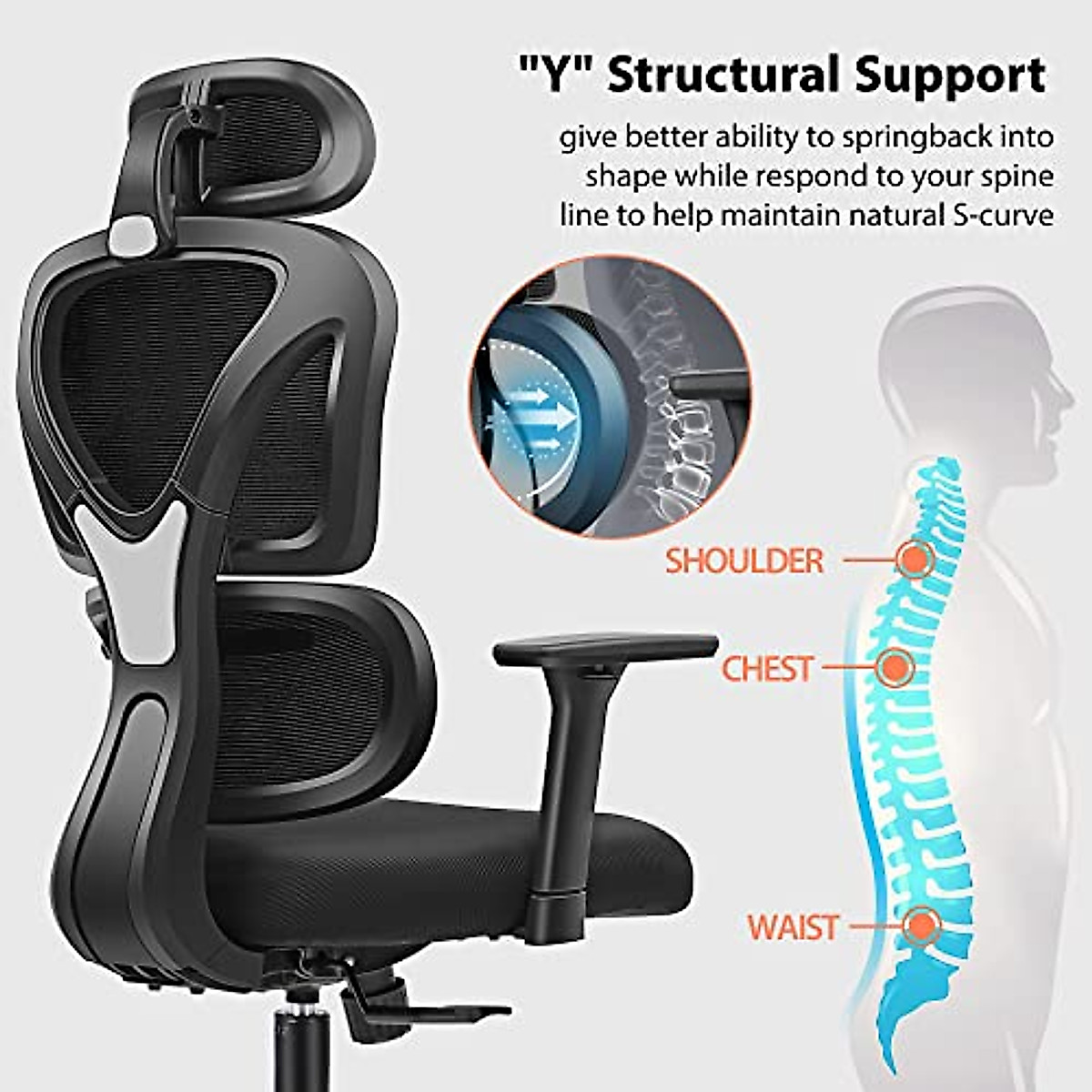 FelixKing Office Chair Ergonomic, Ergo Lumbar Support PC Desk Chair Big and Tall, High Back Mesh Gaming Chair with Adjustable Headrest and 3D Armrests for Home(Black)
