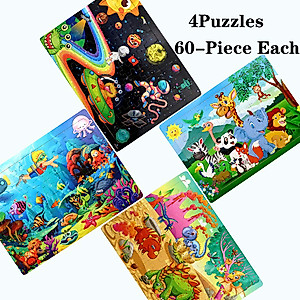 Puzzles for Kids Ages 4-8, 4 Pack Wooden Jigsaw Puzzles 60 Pieces Animal Dinosaur Puzzle Preschool Educational Learning Toys Set for Boys and Girls