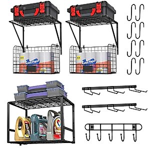 PSUTBPAT Garage Shelf Wall Mounted with Wire baskets, Heavy Duty Garage Wall Shelving with Garden Tool Storage und Hooks, Wire Shelf Baskets for Home Garden Garage Organization and Storage