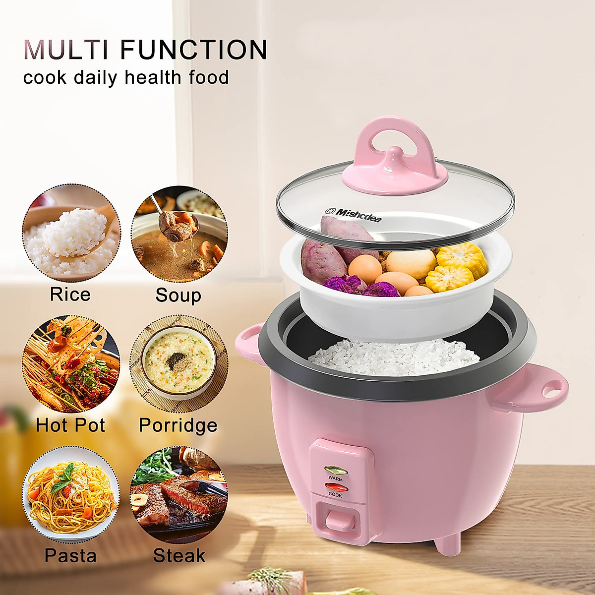 Mishcdea Small Rice Cooker 3 Cups Uncooked, Electric Mini Rice Cooker with Food Steamer Basket, Removable Nonstick Pot, 12H Automatic Keep Warm, for Rice, Soups, Stews, Grains, Oatmeal - White