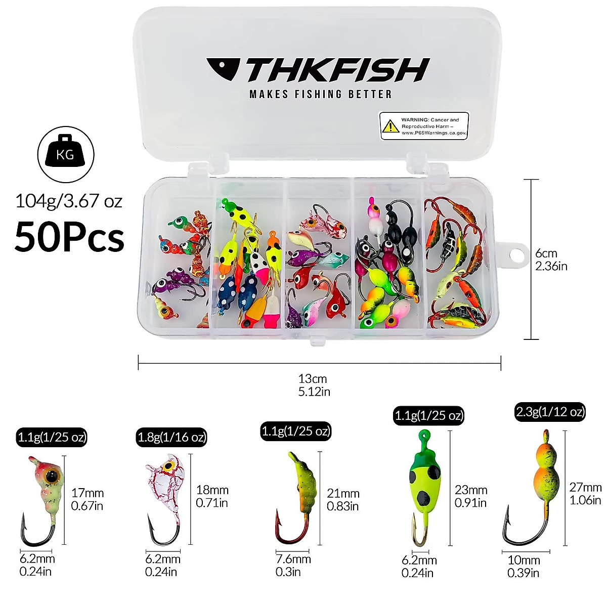 THKFISH 50Pcs/Box Ice Fishing Jigs Set Lures Walleye Jigs Heads for Ice Fishing Gear Kit Panfish Crappie Perch Jigs Ice Fishing Box B