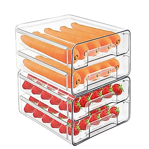 YouLike 2pack Stackable Fridge Drawers Pull Out Bins for Refrigerator Organizer Clear Food Storage Container Set With Drain for Pantry Kitchen Cabinet Office Organization