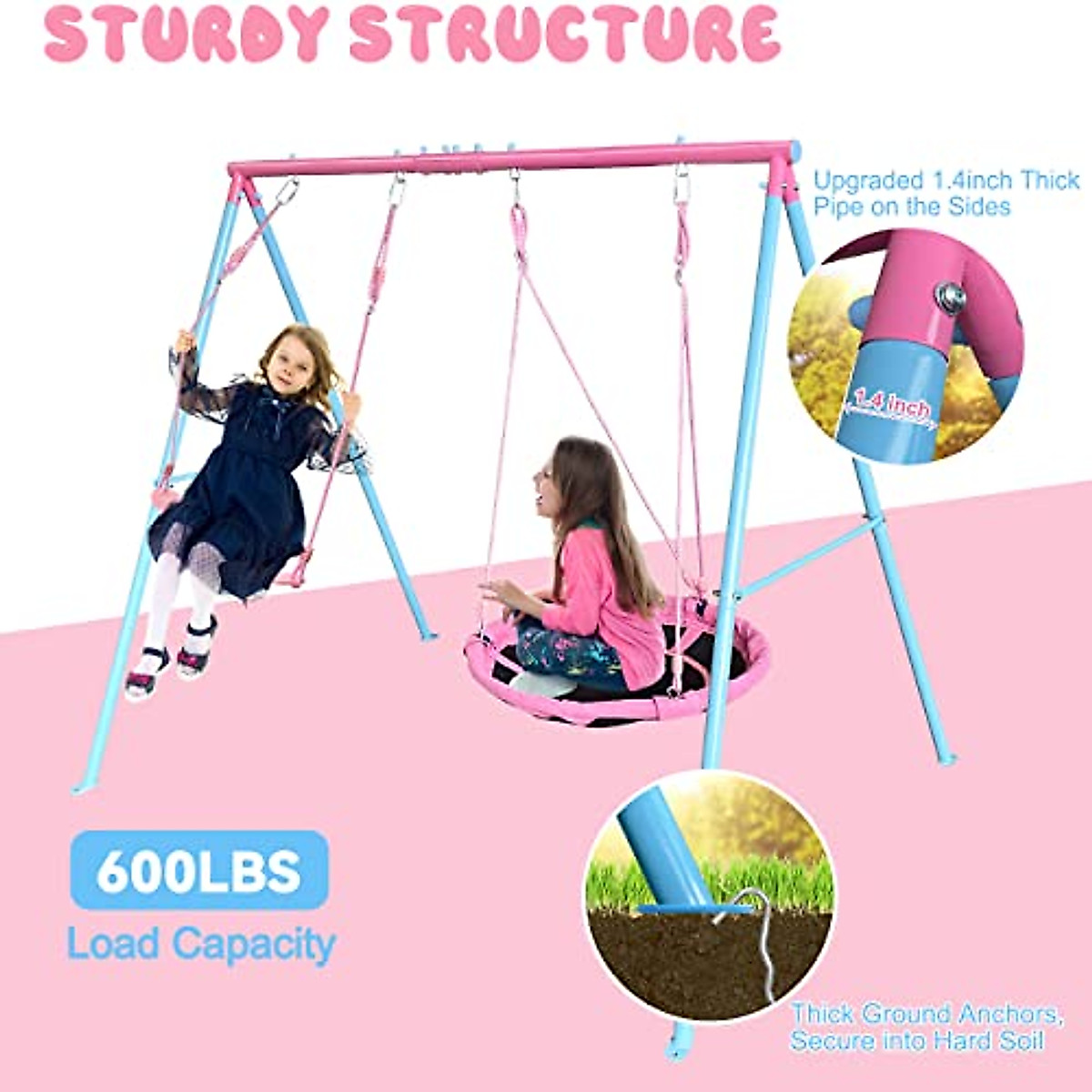 JYGOPLA 440lbs 2 Play Stations Swing Sets for Backyard, 1 Saucer Tree Swing 32 inch, 1 Belt Swings, Heavy Duty Metal Swing Stand with Anchors(Pink+Blue)