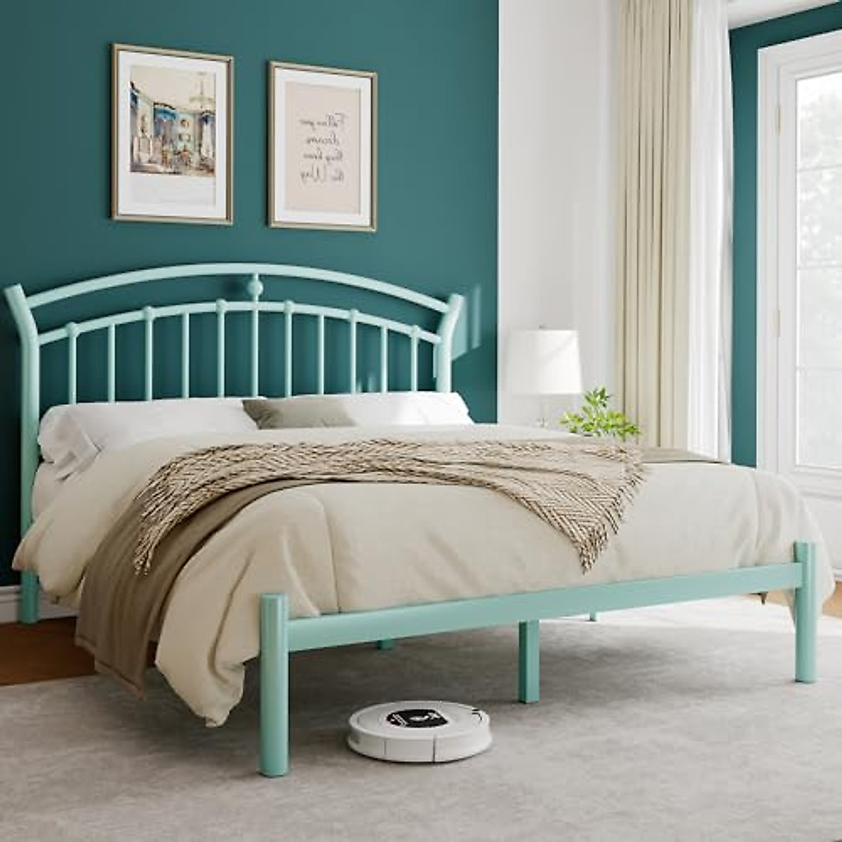 iPormis Full Size Metal Platform Bed Frame with Modern Iron-Art Headboard/Heavy Duty Steel Slats Support/Under Bed Storage/No Box Spring Needed/Easy Assembly/Noise-Free/Mint Green
