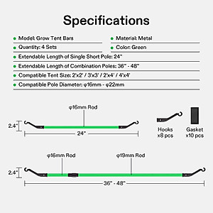 VIVOSUN Grow Tent High CFM Kit, Green Pole Range of 24"-48", Suitable for 2'x2', 3'x3', 4'x2' and 4'x4'Grow Tent, 4-Pack