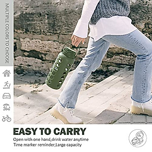 MUKOKO Half Gallon/64 oz Glass Water Bottles with Straw and Lid,Motivational Water Jug with Time Marker Reminder and Silicone Sleeve,100% Leakproof BPA Free Fitness Sports Large Bottle-Olive