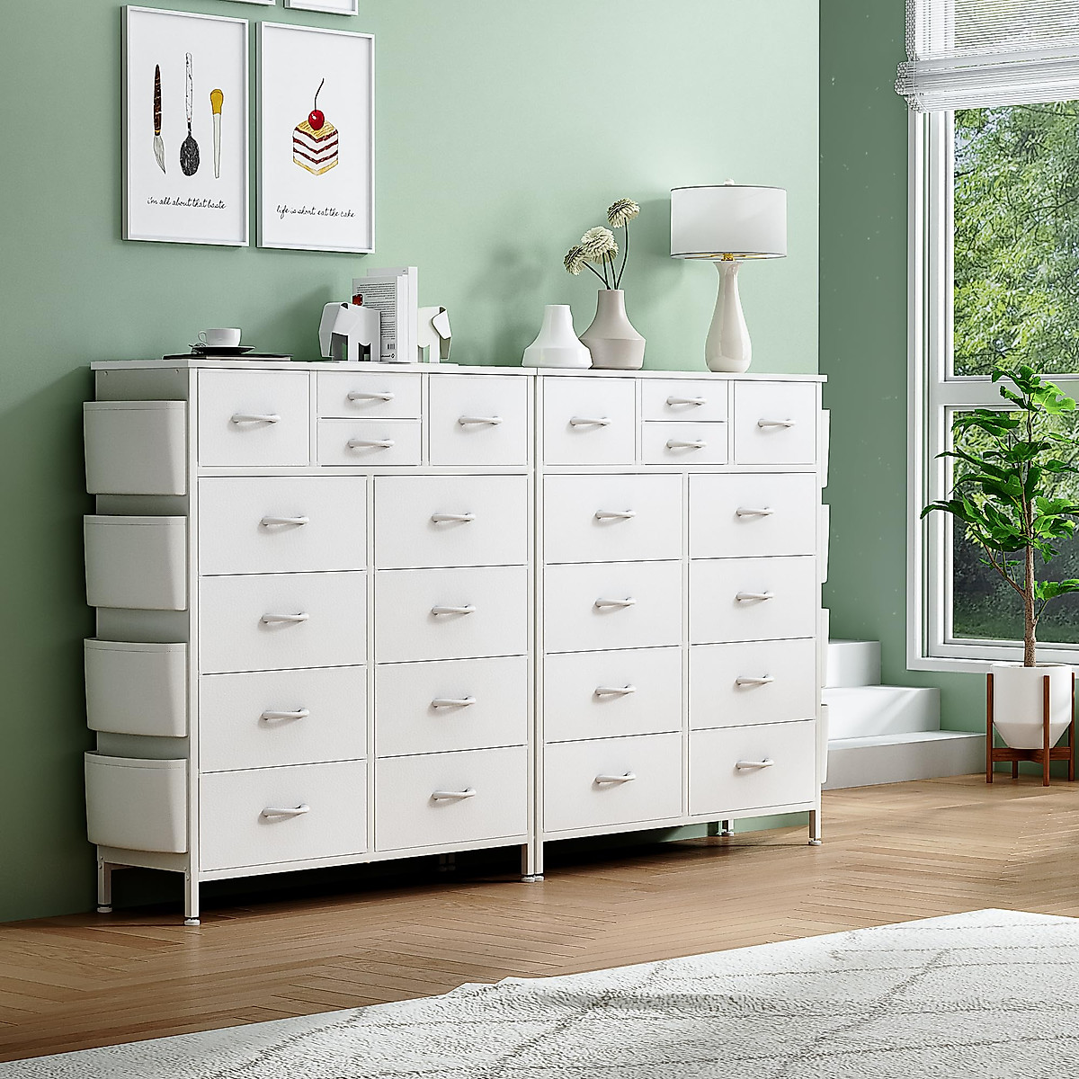 Lulive Dresser for Bedroom with 12 Drawers, Tall Dresser Chest of Drawers with Side Pockets and Hooks, Fabric Dresser Storage Tower for Closet, Hallway, Living Room (White)