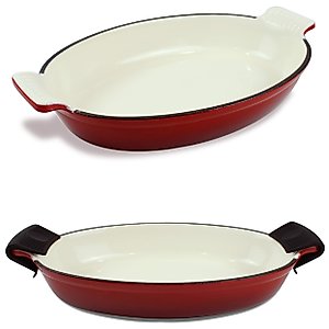 1.58 Qt Enameled Cast Iron Oval Roaster, Casserole Dish, Lasagna Pan, Deep Roasting Pan, for Cooking and Baking - Small 13.4" x 8.46" - Red