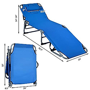 Moccha Folding Lounge Chair, Adjustable Beach Bed, Foldable Recliner with Pillow, Sunbathing Headrest and Tray, for Outdoor, Camping, Backyard, Patio, Pool (Blue)