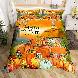 Hello Fall Bedding Set Rustic Farm Maple Leaf Pumpkin Sunflower Duvet Cover King Size Autumn Harvest Comforter Cover Fall Season Bedspread Cover Happy Fall Y'All Bedding Thanksgiving Day Gifts