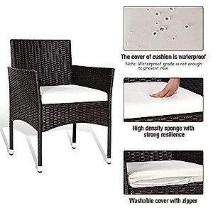 Goplus 4-Piece Rattan Patio Furniture Set, Garden Lawn Pool Backyard Outdoor Sofa Wicker Conversation Set with Glass Coffee Table, Loveseat & 2 Cushioned Chairs