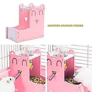 2in1 Hamster Automatic Water Drinker Base Bottle Dispenser Feeder Hanging Small Animals Guinea Pig Squirrel Rabbit Drinking Head Pipe Fountain (Pink)