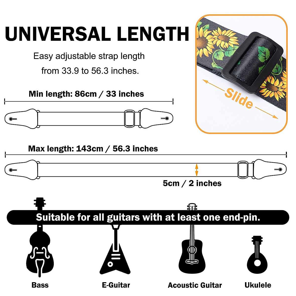 uxcell Guitar Strap, Classical Vintage Sunflower Print Guitar Shoulder Straps with Leather End, Adjustable Strap with free Lace Tie for Bass, Electric & Acoustic Guitars