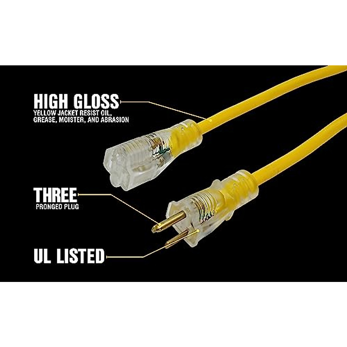 Yellow Jacket 2885 12/3 Heavy-Duty 15-Amp Premium SJTW Contractor Extension Cord with Lighted End, Ideal use With Heavy Duty Equipment and Tools, Durable Molded Plugs, 100 Feet, Yellow