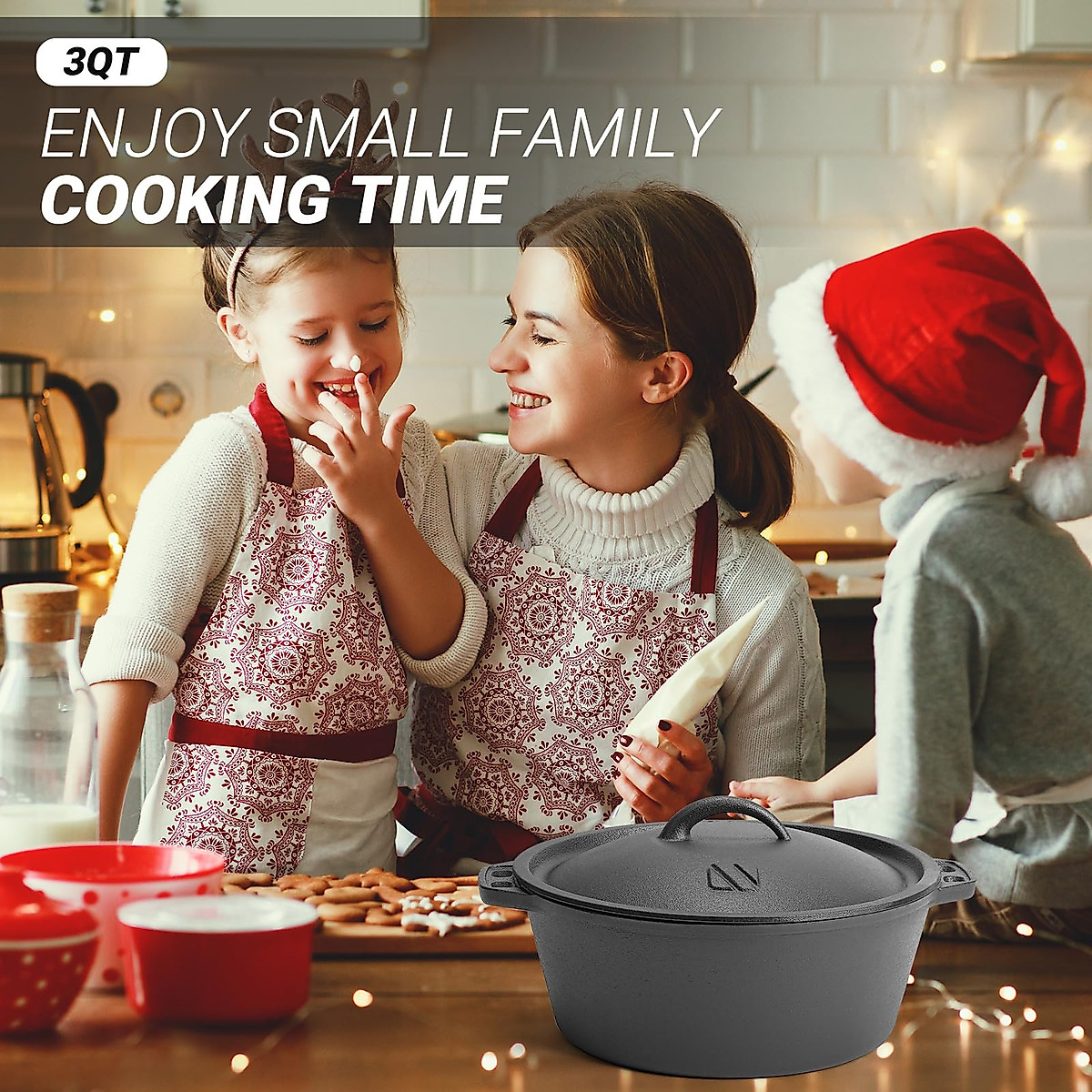 Pre-Seasoned Cast Iron Dutch Oven Pot with Lid, for Braising, Broiling, Frying, Sourdough Bread Baking, Camping Cookware, BBQ,3 Quart Pan