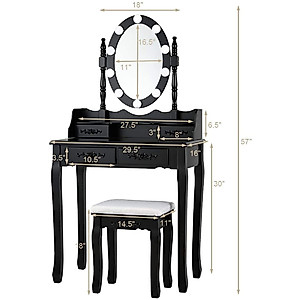 LDAILY Vanity Table Set w/Lighted Mirror, Makeup Vanity Table with 10 LED Lights, 4 Drawers & Oval Mirror, Bedroom Dressing White Black Dark Brown BC-HW66050US Vanity Table Set with Lighted Mirror