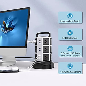 Power Strip Tower Surge Protector 1050J, JACKYLED 20 AC Outlets 6 USB Ports, 3000W 13A Desktop Electrical Charging Station, 6.5ft Heavy Duty Extension Cord, for Home, Office, Garage, White Black