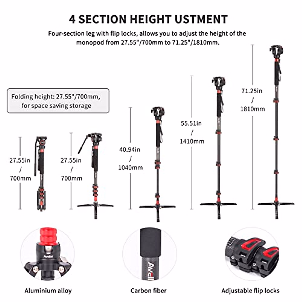 Avella CD324 Carbon Fiber Video Monopod Kit, with Fluid Head and Removable feet, 71 Inch Max Load 13.2 LB for Canon Nikon Sony Olympus Panasonic DSLR Camera