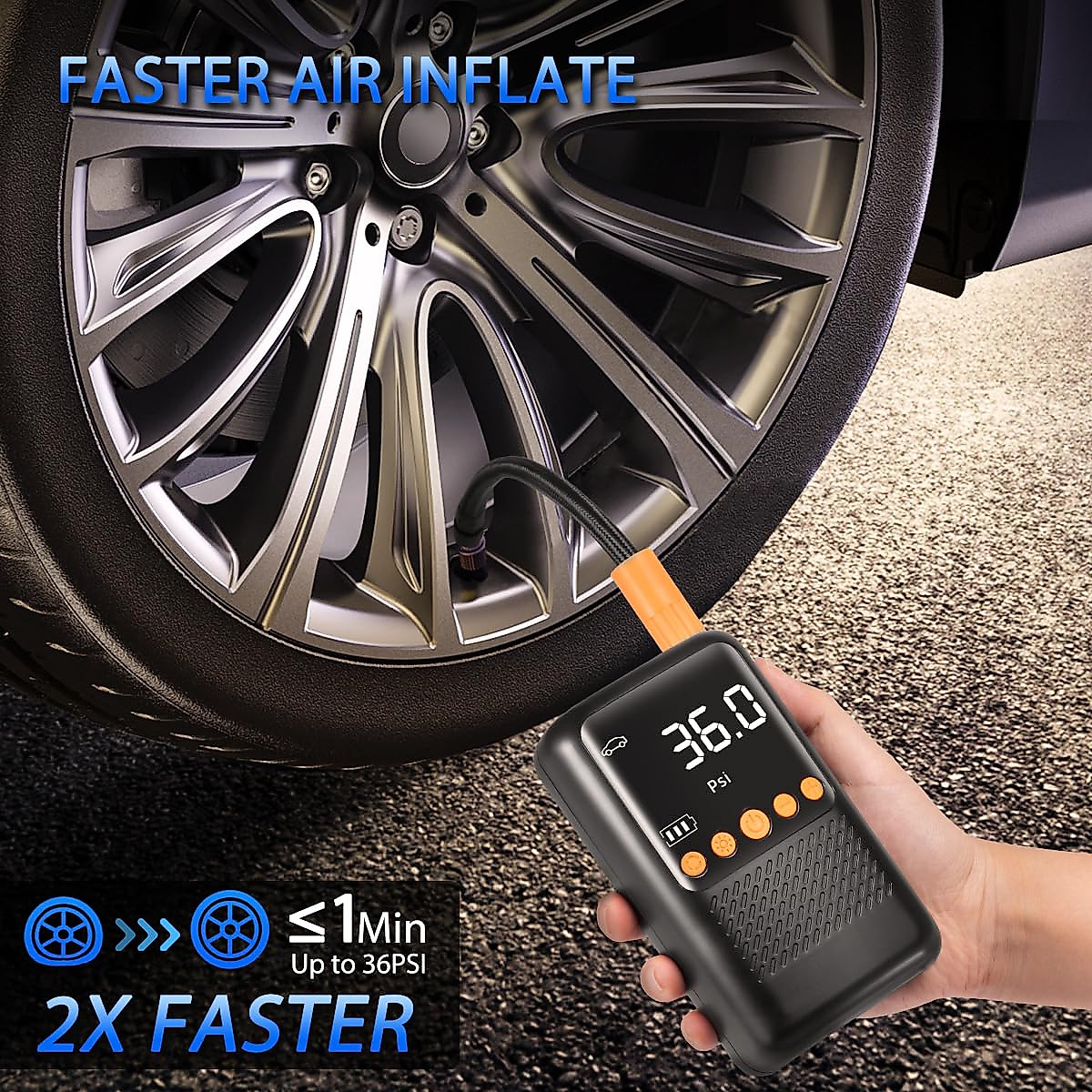 Tire Inflator Portable Air Compressor, 2X Faster Cordless Air Pump for Car, Rechargeable Tire Inflator with Pressure Gauge 150PSI, Mini Bike Tire Pump, Portable Tire Inflator for Car Ball Bicycle Pump