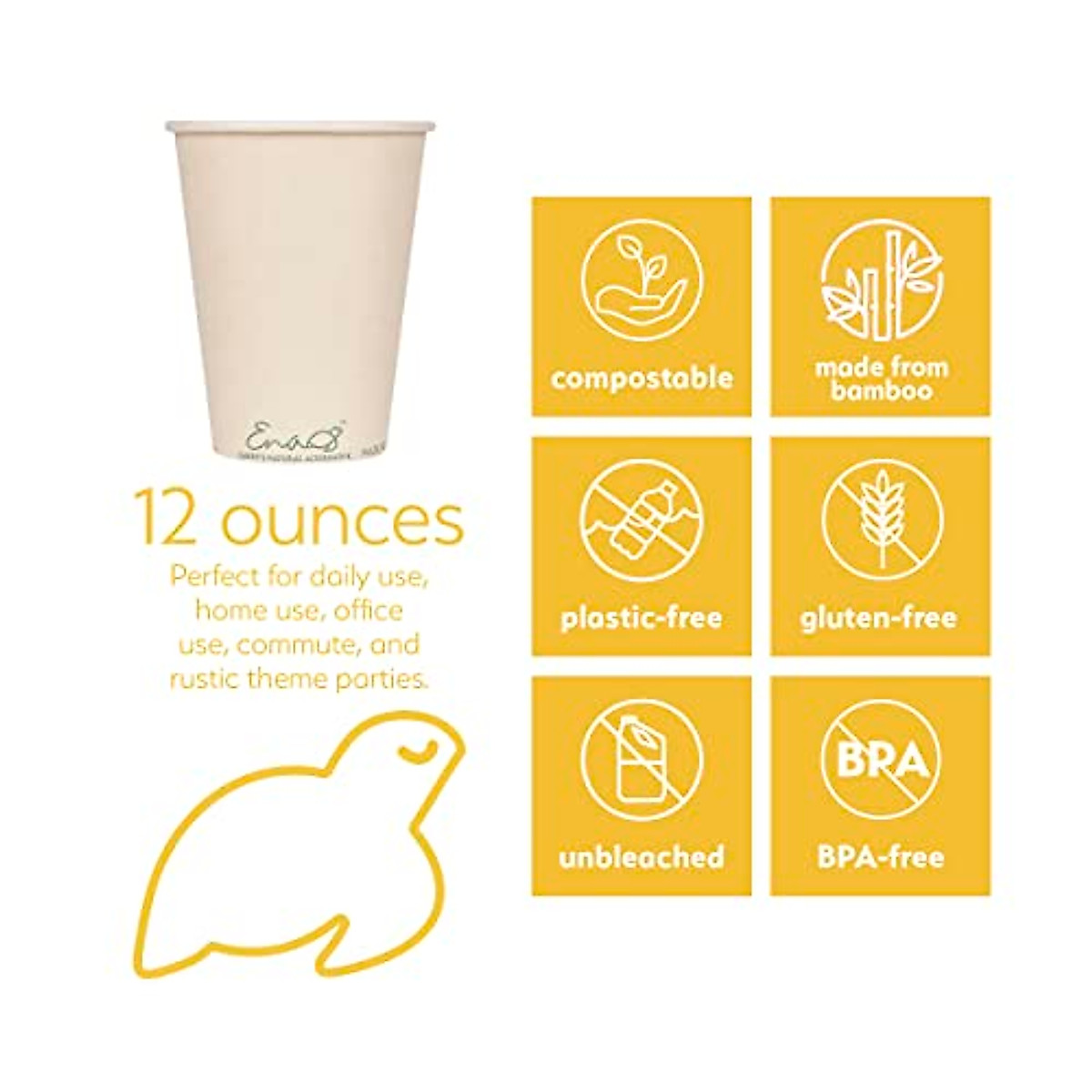 100% Compostable Disposable Coffee Cups [12oz 80 Pack] Paper Cups Made from Bamboo, Eco-Friendly, Biodegradable Premium Party Cups, Natural Unbleached by Earth's Natural Alternative