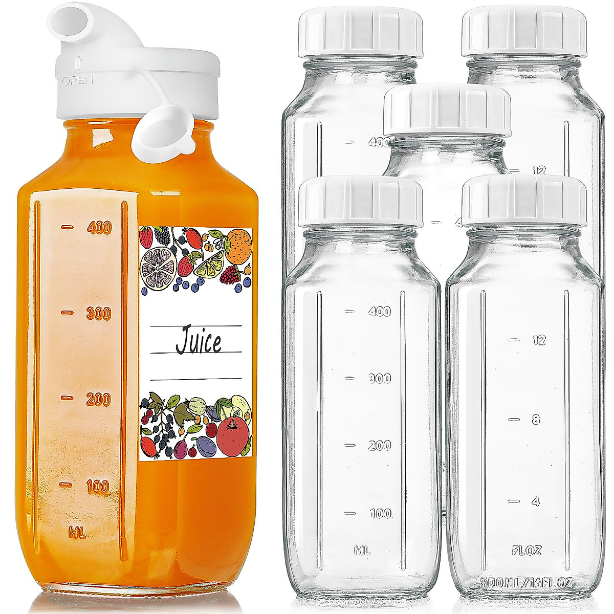 6 Pack 16 Oz Glass Juice Bottles w Pour Spout, 100% Airtight Heavy Duty SCREW Lid- Reusable Glass Milk Bottles w Capacity Mark, Square Drinking Jar Juice Container(Extra 2 Lid)