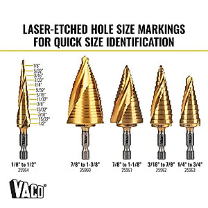 Klein Tools 25964 Step Drill Bit, 1/8 to 1/2-Inch, Spiral Double-Fluted, Cuts Thin Metal, Plastic, Aluminum, Wood, 1/4-Inch Hex Shank, VACO