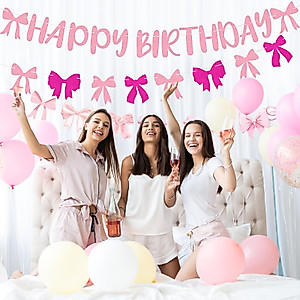 VorkiVecKi Coquette Happy Birthday Banner - Pink Bow Birthday Decorations 3 Pcs Happy Hanging Ribbon Banner Sweet Streamers Garland Decor for Girls Women Bday Party Decoration Supplies