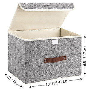 Calonge Storage Bin with Lid Storage Boxes with PU Leather Handles Decorative Foldable Lidded Cotton Linen Fabric Home Container with Flip-Top Lid & Handles, Clothes Blanket Box