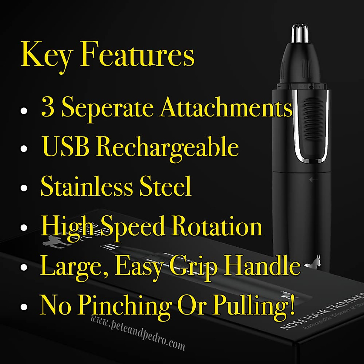 Pete & Pedro Nose & Ear Hair Trimmer – Clipper Has 3 Attachments for Nose/Ear, Eyebrows Trimming, & Facial Hair Detailing | for Men & Women, Stainless Steel, Wet/Dry, USB | As Seen on Shark Tank