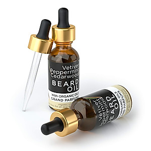 Grand Parfums MEN'S Beard Oil 100% Organic Pure Natural Conditioning Oil Infused w/Vetiver, Peppermint and Cedarwood Essential Oils, Argan, Almond, Jojoba & Castor Oils – Softer, Stronger & Groomed