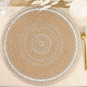 BalsaCircle 4 Natural 15 in Round Burlap Jute Braided Placemats White Prints Wedding Party Events Receptions Decorations Supplies