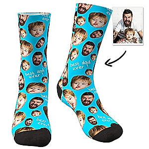 OMG SOCKS Custom Face Socks Multiple Faces, Your Photo Picture on Socks for Men Women Dad Father's Day Birthday Smoky Blue