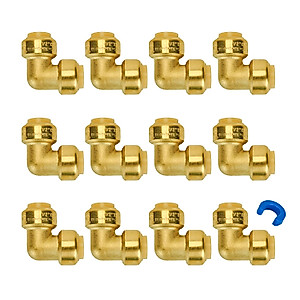 SUNGATOR 1/2" Elbow, Pushfit 90 Degree Elbow, No Lead Brass Plumbing Fitting 1/2" 90 Elbow, Push to Connect PEX, Copper, CPVC, with 1 Disconnect Clip, Pack of 12