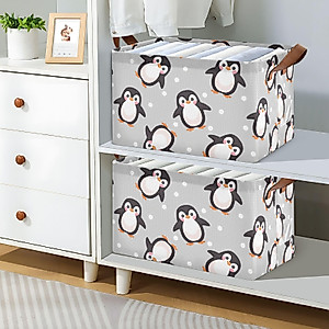SPRIPORT Cute Penguins Light Grey Foldable Storage Cube for Shelves Fabric Storage Bin with Metal Frame & Double Handles Large Storage Box for Organizing Toys Books Clothes Blankets
